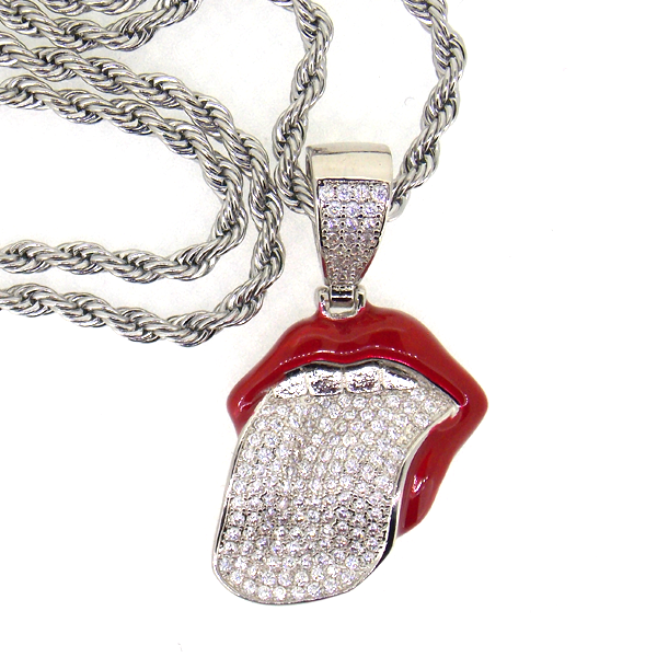 White Gold Plated chain with Red Lips Big Tongue Pendant – TOOTH KANDY